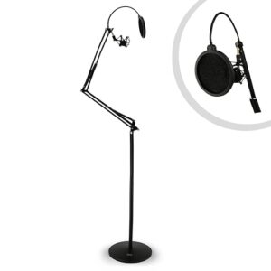 pyle microphone boom suspension stand - scissor spring arm floor mic stand with shock mount & pop filter (pmksh28),black