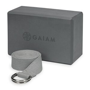 gaiam yoga block & yoga strap combo set - yoga block with strap, pilates & yoga props to help extend & deepen stretches, yoga kit for stability, balance & optimal alignment - grey