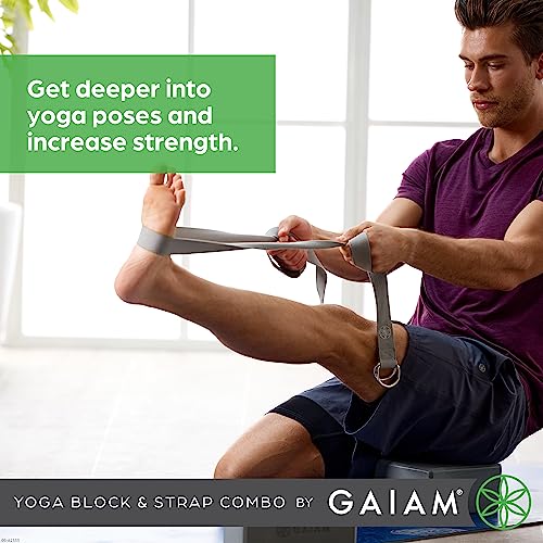 Gaiam Yoga Block & Yoga Strap Combo Set - Yoga Block with Strap, Pilates & Yoga Props to Help Extend & Deepen Stretches, Yoga Kit for Stability, Balance & Optimal Alignment - Grey