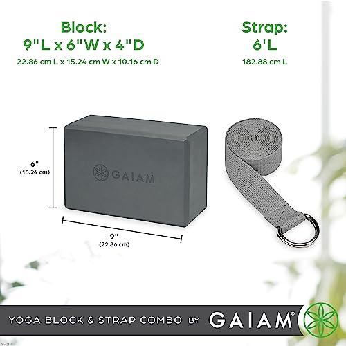 Gaiam Yoga Block & Yoga Strap Combo Set - Yoga Block with Strap, Pilates & Yoga Props to Help Extend & Deepen Stretches, Yoga Kit for Stability, Balance & Optimal Alignment - Grey