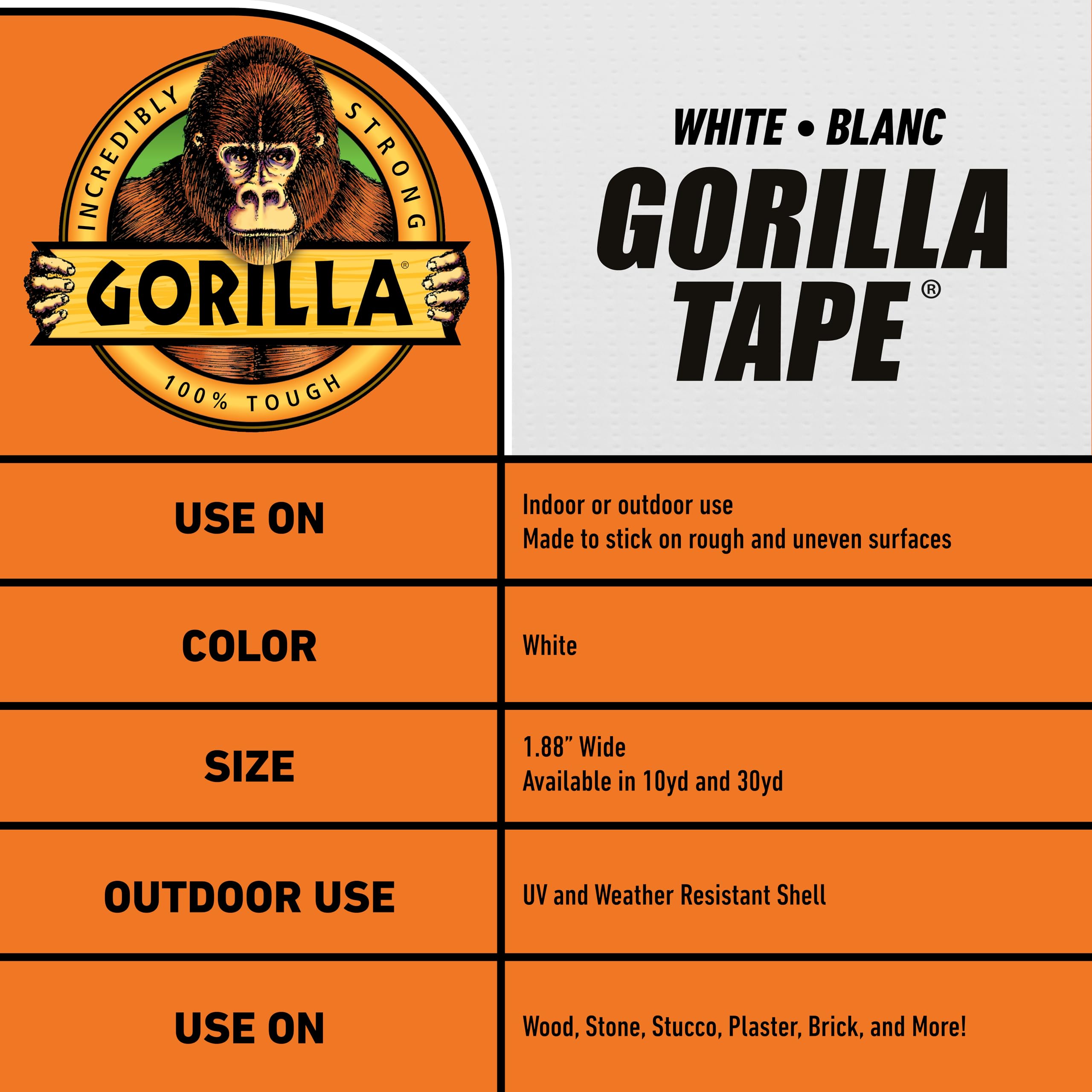 Gorilla Tape, White Duct Tape, 1.88" x 10 yd, White, (Pack of 1)