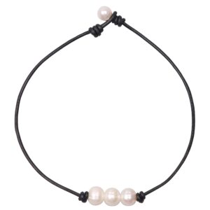 women white 3 cultured freshwater pearls choker necklace on genuine leather cord knotted jewelry-black 14"