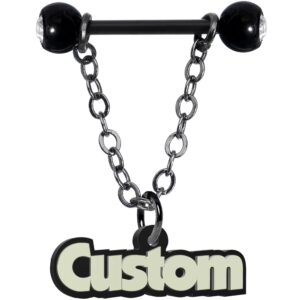 body candy custom black ptfe glow chain personalized name dangle nipple ring set of 2 14 gauge 5/8"