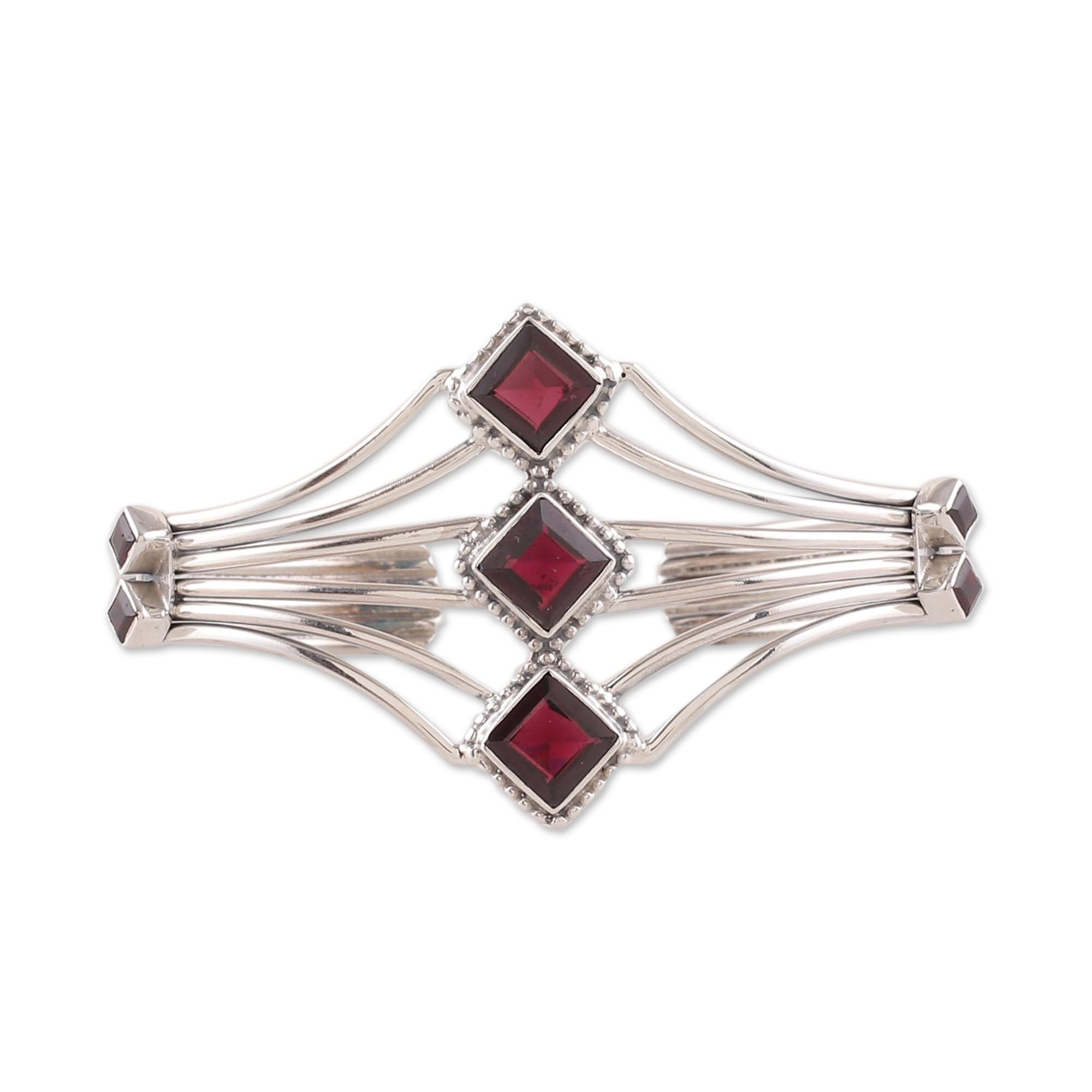 NOVICA Artisan Handmade Garnet Cuff Bracelet Modern Sterling Silver Faceted Red India Aurora Birthstone [6.25 in L (end to End) x 1.5 in W] ' Glamour'