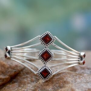 NOVICA Artisan Handmade Garnet Cuff Bracelet Modern Sterling Silver Faceted Red India Aurora Birthstone [6.25 in L (end to End) x 1.5 in W] ' Glamour'