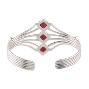 NOVICA Artisan Handmade Garnet Cuff Bracelet Modern Sterling Silver Faceted Red India Aurora Birthstone [6.25 in L (end to End) x 1.5 in W] ' Glamour'