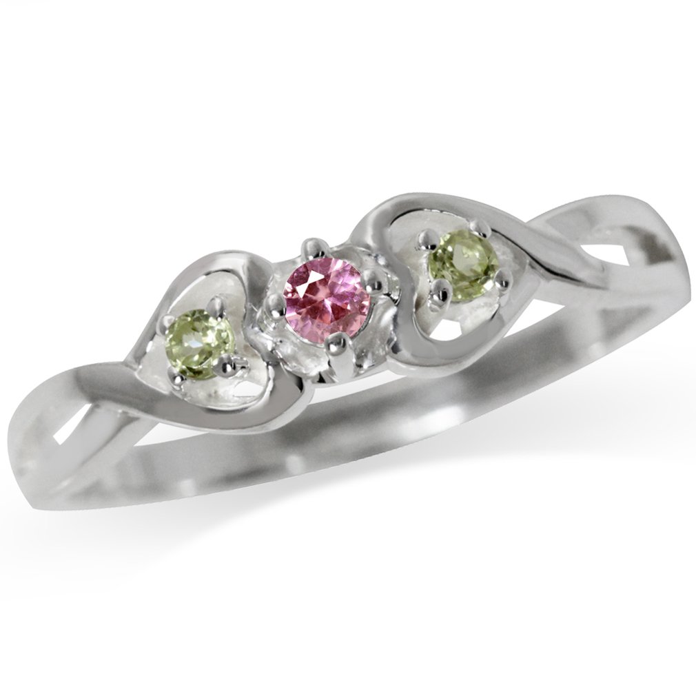 Silvershake Petite Natural Pink Tourmaline and Peridot 925 Sterling Silver Twin Heart Ring Size 7.5