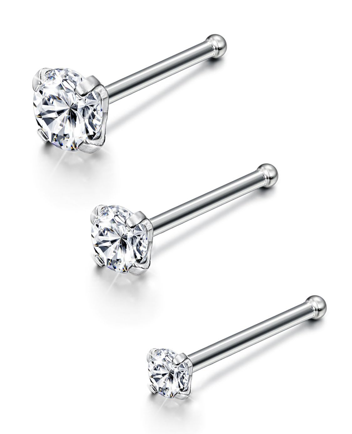 Jstyle 20G 3 Pcs a Set Stainless Steel Nose Rings Studs Piercing Body Jewelry 1.5mm 2mm 3mm