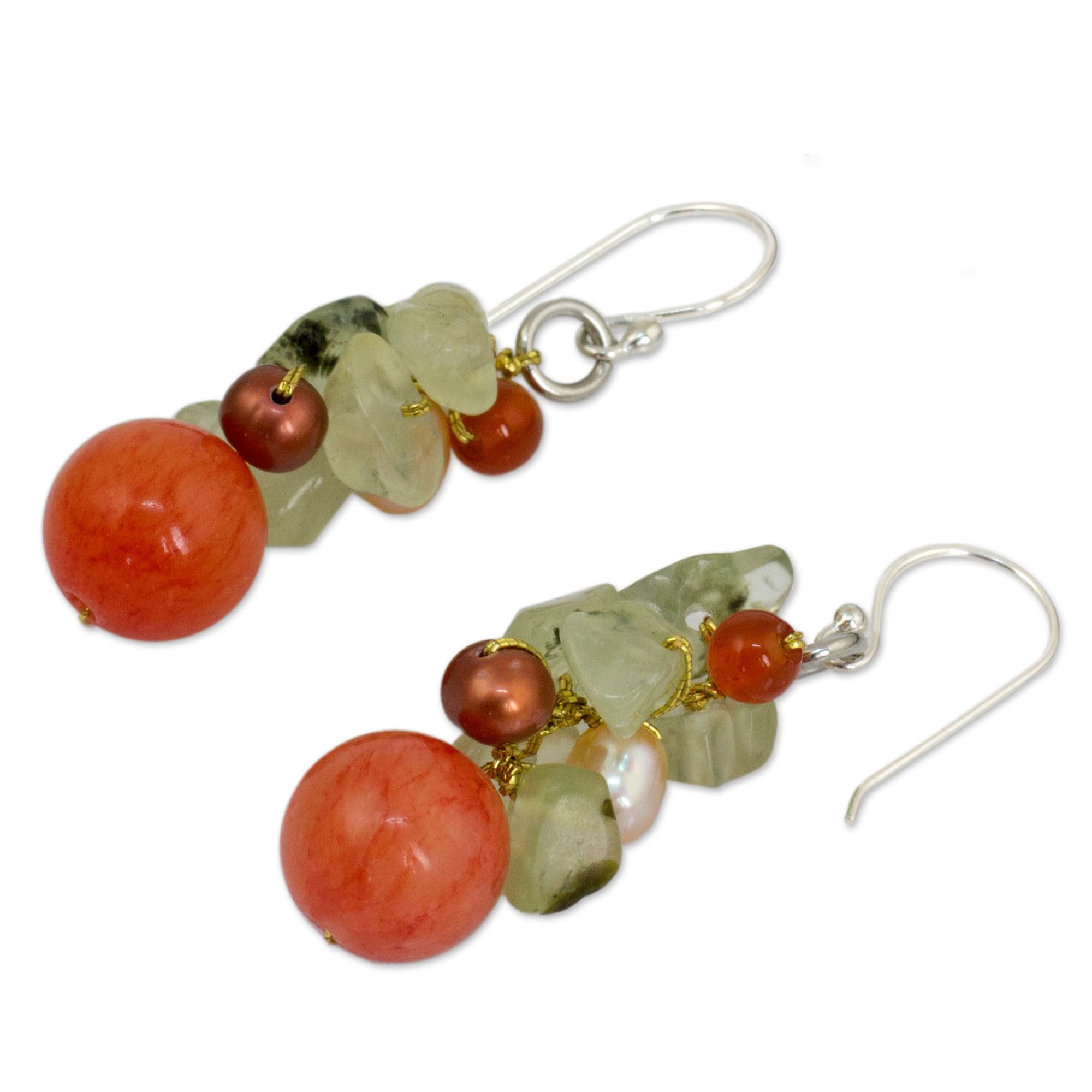 NOVICA Artisan Handcrafted Cultured Pearl Carnelian Cluster Earrings Prehnite Sterling Silver Plated Dyed Green Beaded Dangle Thailand Birthstone [1.6 in L x 0.4 in W] ' Spicy Peach'