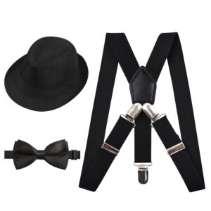 alizeal 2.5cm elastic 3 clip suspender and bow tie set with hat for kids, black