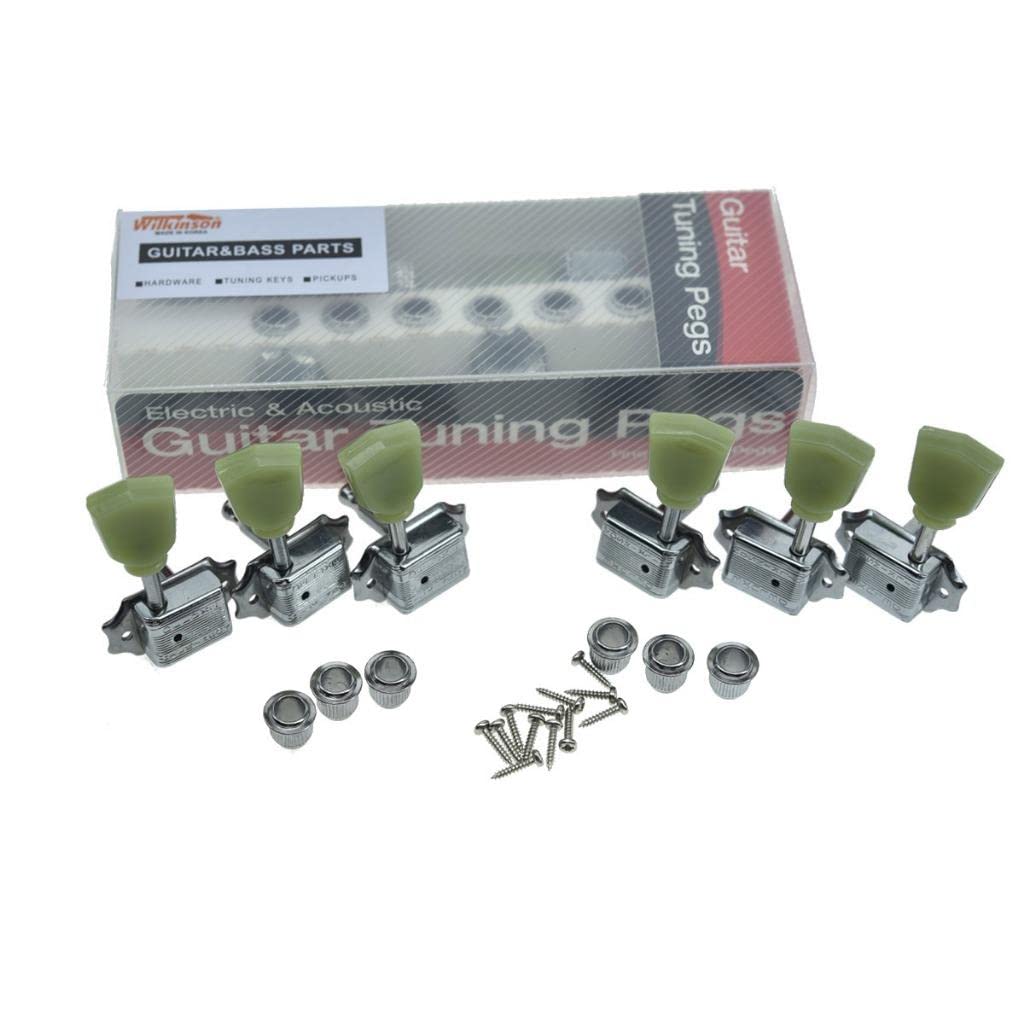 Wilkinson Chrome with Green Button 3x3 Deluxe Vintage Tuners Guitar Tuning Keys Machine Heads with Plastic Keystone Buttons for Les Paul/SG/ES