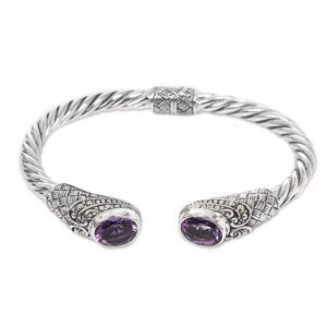 novica artisan handmade amethyst cuff bracelet crafted from indonesia sterling silver gold accent purple birthstone [6.25 in l (end to end) x 0.3 in w] ' sterling rope'