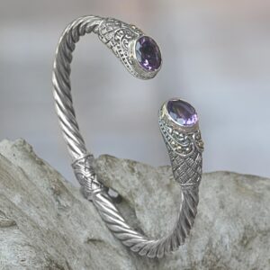 NOVICA Artisan Handmade Amethyst Cuff Bracelet Crafted from Indonesia Sterling Silver Gold Accent Purple Birthstone [6.25 in L (end to End) x 0.3 in W] ' Sterling Rope'