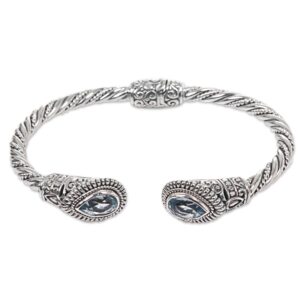 novica artisan handmade blue topaz cuff bracelet sterling silver from indonesia birthstone [6 in l (end to end) x 0.3 in w] ' bright eyes'