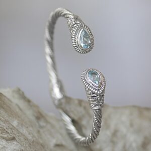 NOVICA Artisan Handmade Blue Topaz Cuff Bracelet Sterling Silver from Indonesia Birthstone [6 in L (end to End) x 0.3 in W] ' Bright Eyes'