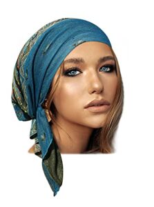 teal cashmere headscarf turquoise headwear for women tichel super soft headcovering head cover head wear pre tied bandana ethnic print collection (teal short - 290)