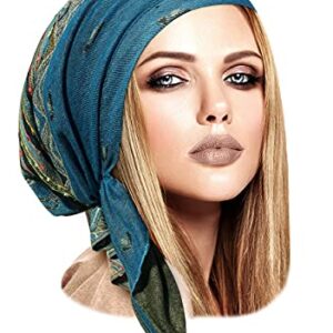 Teal Cashmere Headscarf Turquoise Headwear for Women Tichel Super Soft Headcovering Head cover Head wear Pre tied Bandana Ethnic Print Collection (Teal short - 290)