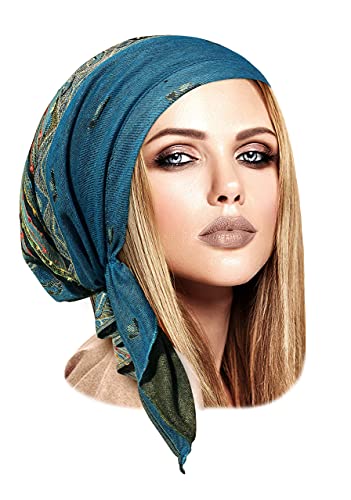 Teal Cashmere Headscarf Turquoise Headwear for Women Tichel Super Soft Headcovering Head cover Head wear Pre tied Bandana Ethnic Print Collection (Teal short - 290)