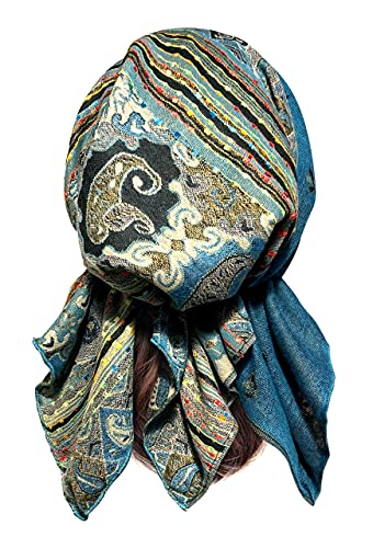 Teal Cashmere Headscarf Turquoise Headwear for Women Tichel Super Soft Headcovering Head cover Head wear Pre tied Bandana Ethnic Print Collection (Teal short - 290)