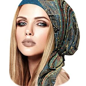 Teal Cashmere Headscarf Turquoise Headwear for Women Tichel Super Soft Headcovering Head cover Head wear Pre tied Bandana Ethnic Print Collection (Teal short - 290)