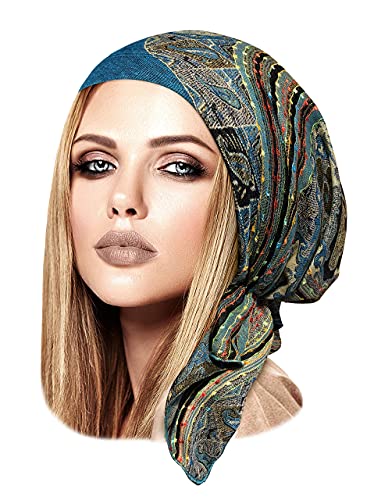 Teal Cashmere Headscarf Turquoise Headwear for Women Tichel Super Soft Headcovering Head cover Head wear Pre tied Bandana Ethnic Print Collection (Teal short - 290)