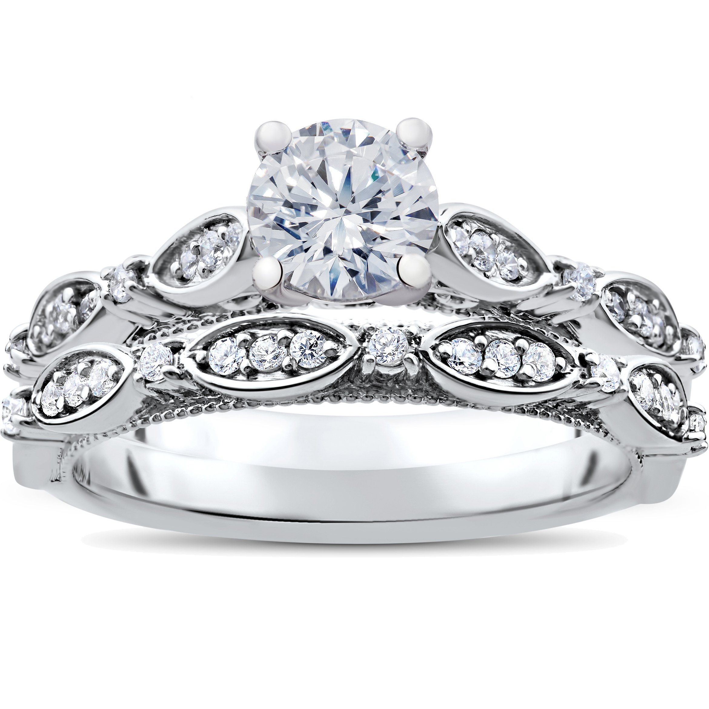 P3 POMPEII3 1 ct Vintage Diamond Engagement Ring & Matching Wedding Band Set 14k White Gold - Size 7