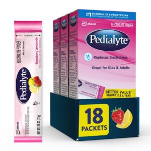 pedialyte electrolyte powder packets, strawberry lemonade, hydration drink, 18 single-serving powder packets