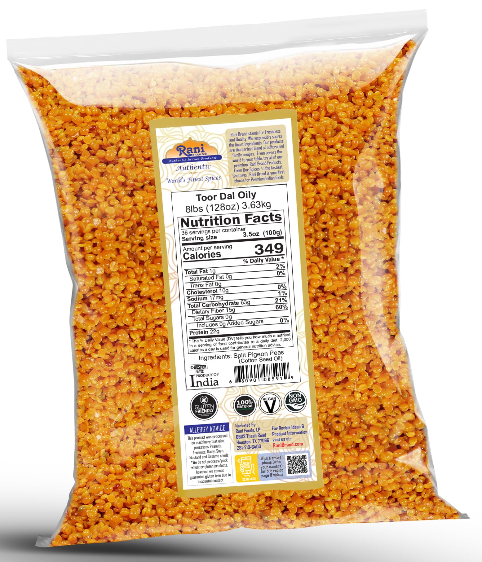 Rani Toor Dal (Split Pigeon Peas) Oily, 128oz (8lbs) 3.63kg Bulk ~ All Natural | Gluten Friendly | NON-GMO | Vegan | Indian Origin