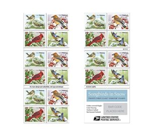 songbirds in snow forever first class usps postage stamps (20 stamps)