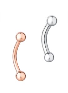 set of 2 petite belly rings: 14g 5/16" surgical steel curved rose gold & plain barbells, 3 mm balls