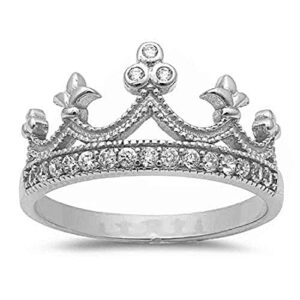 Blue Apple Co. Accent King Queen Half Eternity Crown Ring Round Simulated Cubic Zirconia Solid 925 Sterling Silver, Size - 8