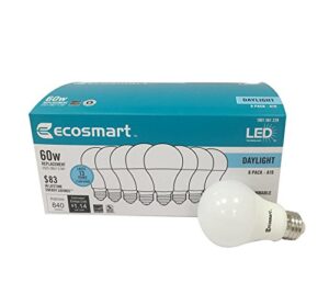 ecosmart 8 pack led a19 light bulb, soft white , 60w equivalent (a19 daylight)