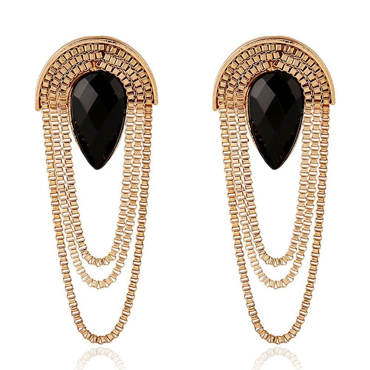 Elegant Gold Multi Strand Metal Tassel Chain Fringe Tear Drop Shape Dangle Earrings by Pashal