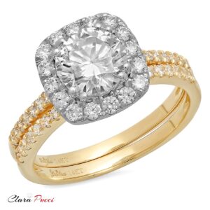 Clara Pucci 1.58 Carat Round Cut Clear Simulated Diamond 14k 2 tone Gold Halo Solitaire WAccents Wedding Engagement Bridal Ring Set Size 7.75