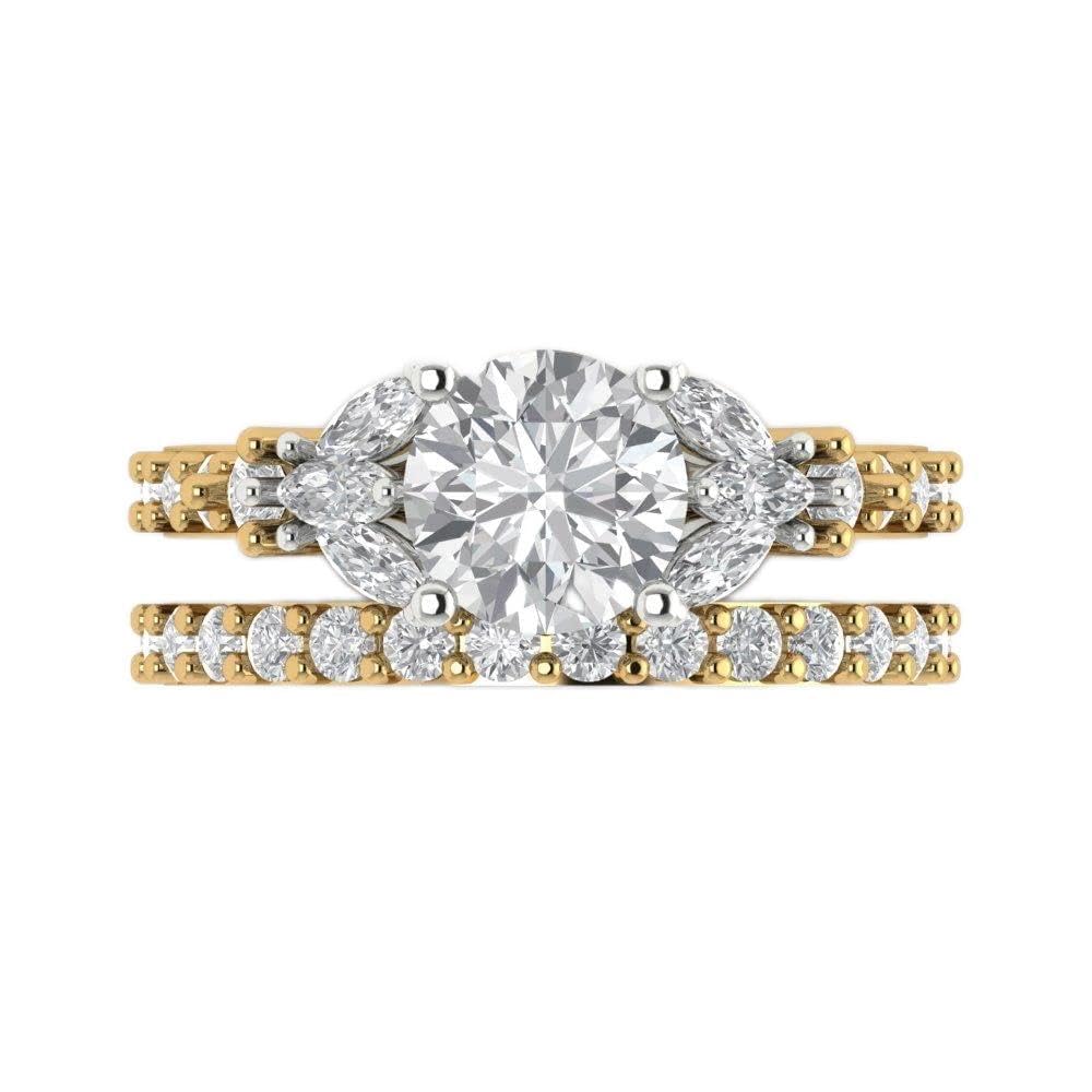 Yellow 14k Gold Solitaire W/Accents Engagement Bridal promise Ring Band Set 2.94Ct Round Cut Clear Simulated Diamond Sz 3.5