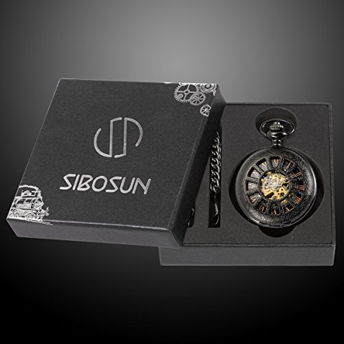 SIBOSUN Skeleton Pocket Watch Special 12 Little Window Case Design Men Black Mechanical with Chain Box