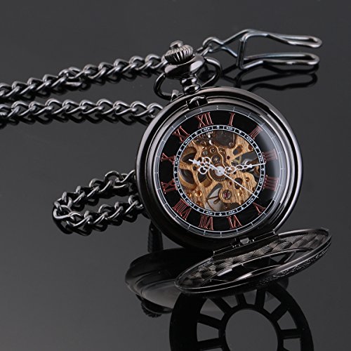 SIBOSUN Skeleton Pocket Watch Special 12 Little Window Case Design Men Black Mechanical with Chain Box