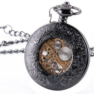 SIBOSUN Skeleton Pocket Watch Special 12 Little Window Case Design Men Black Mechanical with Chain Box