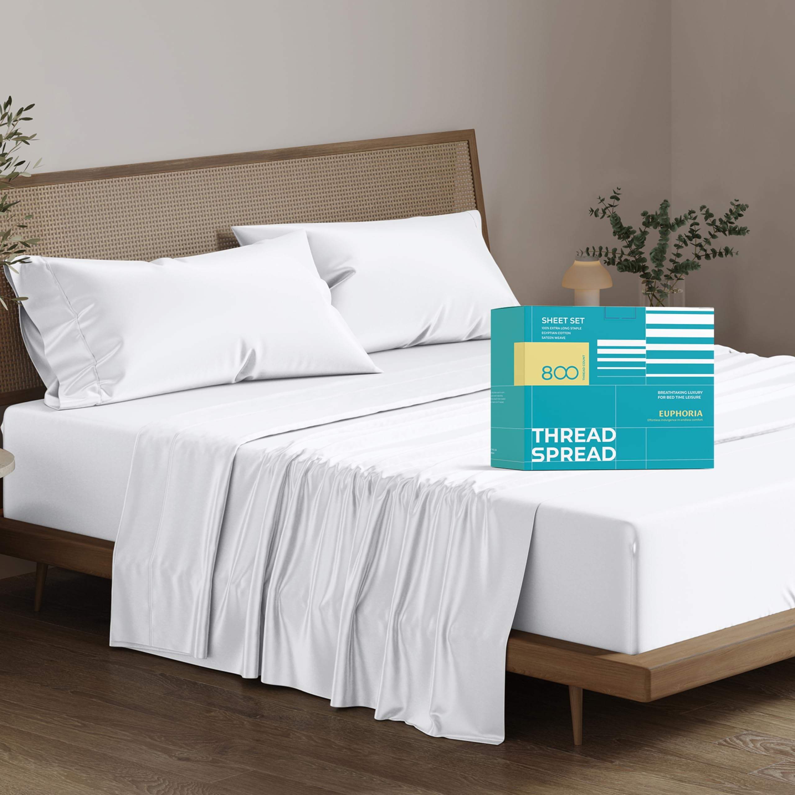 THREAD SPREAD 100% Egyptian Cotton Sheets King Size - 800 High Thread Count Sheets King, 4 PC White Luxury Hotel King Size Sheets Set, 16" Deep Pocket Sateen Weave Extra Soft Cooling Bed Sheet Sets