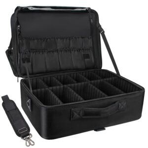 relavel extra large makeup case travel makeup train case professional makeup artist bag portable nail organizer box art supply case with adjustable dividers/attach to trolley/shoulder strap (black)