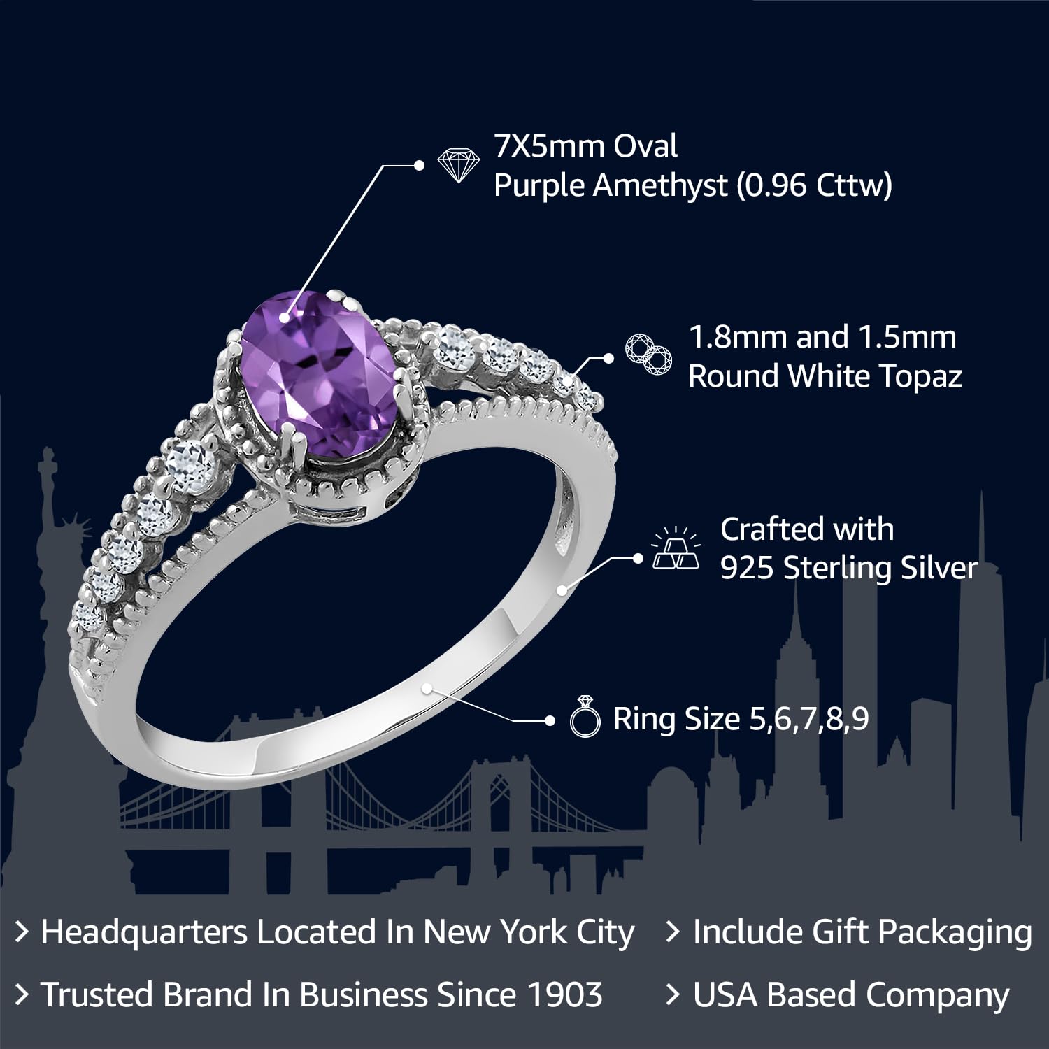 Gem Stone King 925 Sterling Silver Purple Amethyst and White Topaz Engagement Ring For Women | 0.96 Cttw | Gemstone Birthstone | Available In Size 5, 6, 7, 8, 9