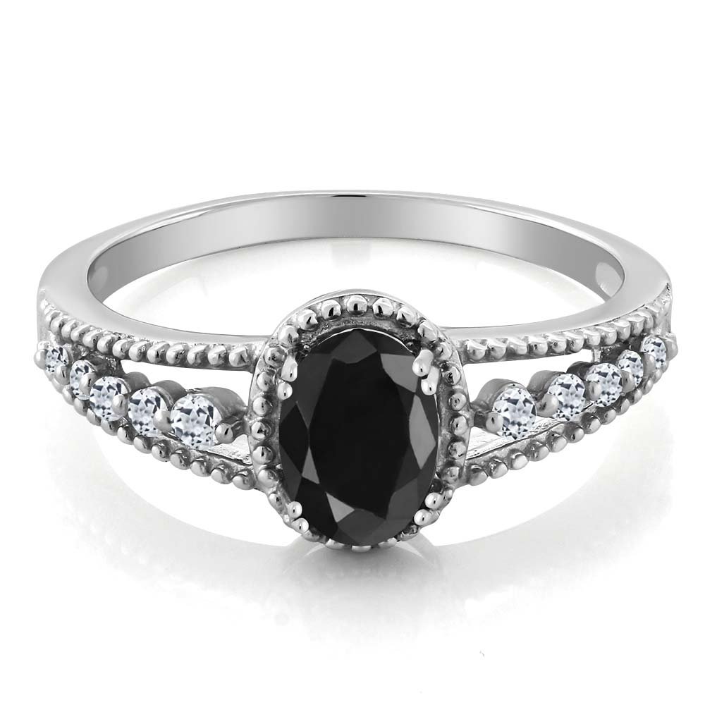 Gem Stone King 925 Sterling Silver Black Sapphire and White Topaz Engagement Ring For Women (1.28 Cttw, Oval 7X5MM, Available in size 5, 6, 7, 8, 9)