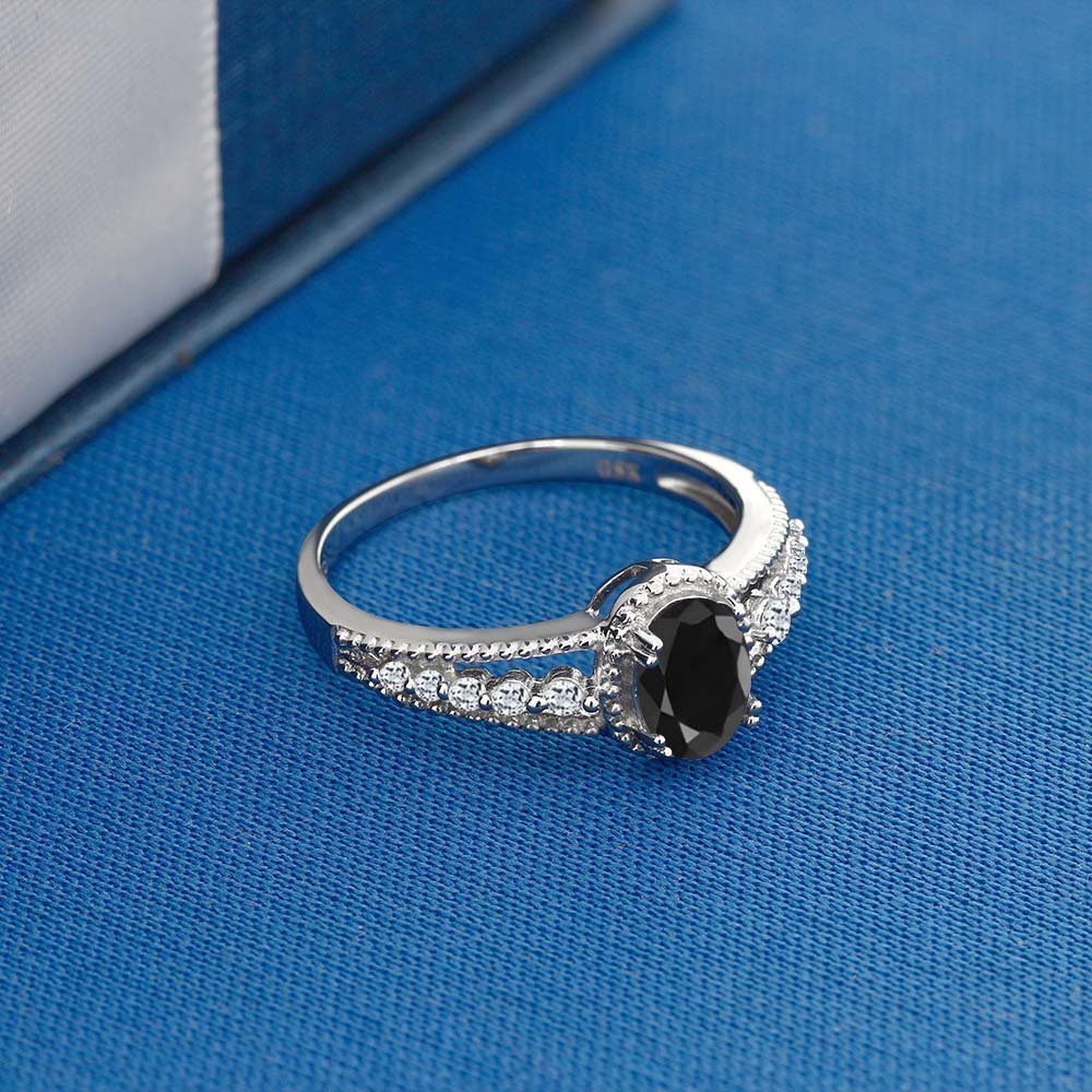 Gem Stone King 925 Sterling Silver Black Sapphire and White Topaz Engagement Ring For Women (1.28 Cttw, Oval 7X5MM, Available in size 5, 6, 7, 8, 9)