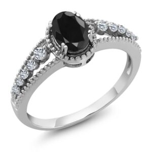 Gem Stone King 925 Sterling Silver Black Sapphire and White Topaz Engagement Ring For Women (1.28 Cttw, Oval 7X5MM, Available in size 5, 6, 7, 8, 9)