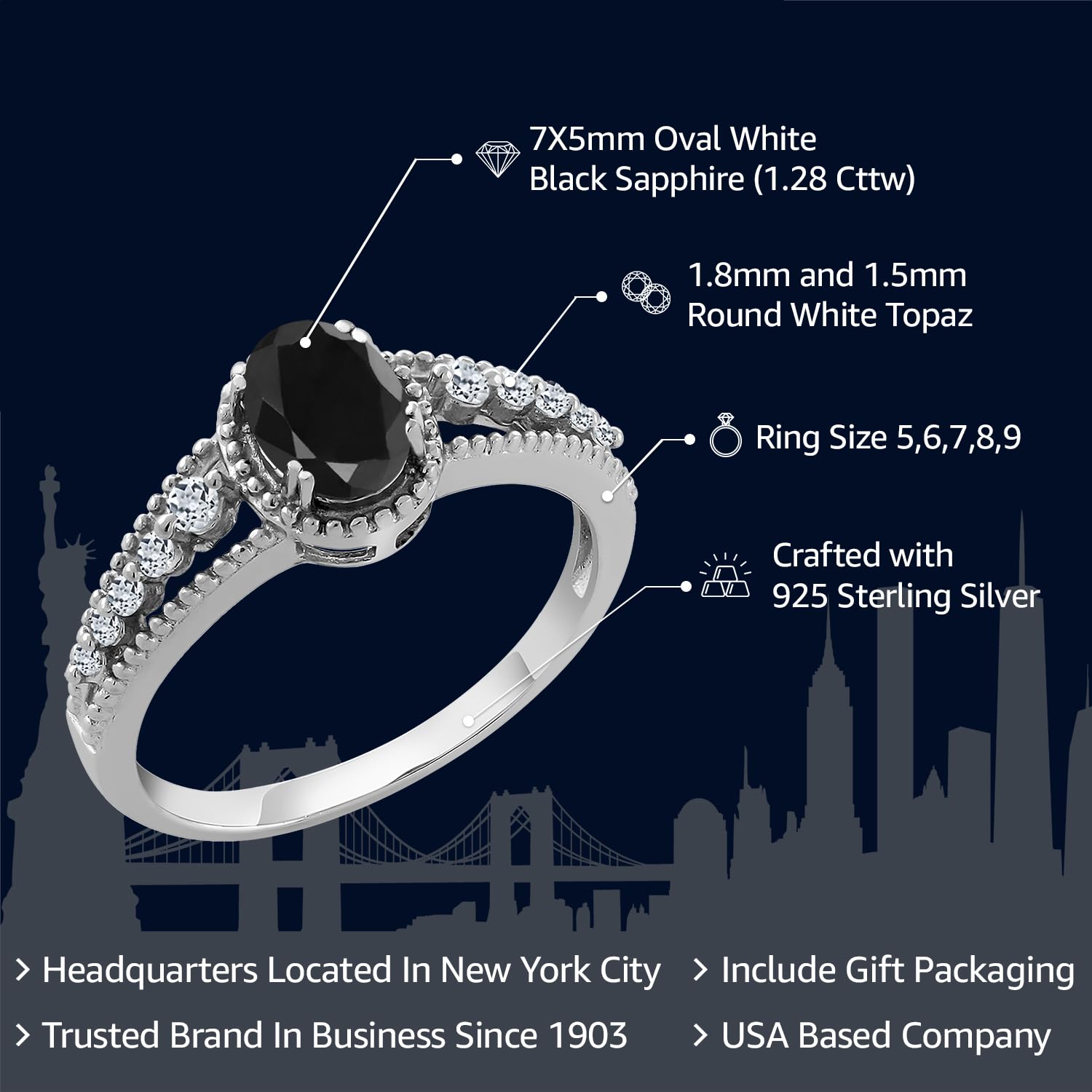 Gem Stone King 925 Sterling Silver Black Sapphire and White Topaz Engagement Ring For Women (1.28 Cttw, Oval 7X5MM, Available in size 5, 6, 7, 8, 9)