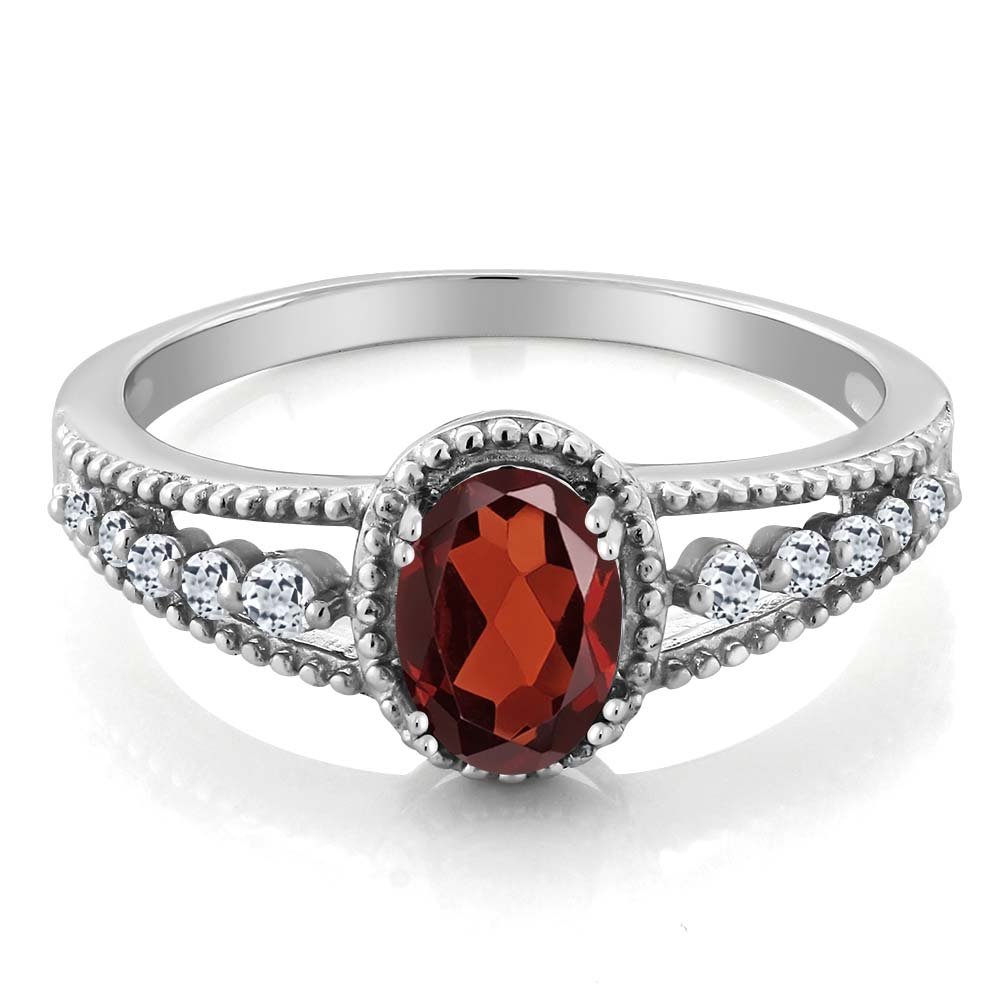 Gem Stone King 925 Sterling Silver Red Garnet and White Topaz Ring For Women (1.11 Cttw, Gemstone Birthstone, Available In Size 5, 6, 7, 8, 9)