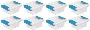 sterilite mini clip box, clear with blue aquarium latches, 8-pack