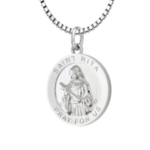 US Jewels New Polished 3/4in 0.925 Sterling Silver Saint St Rita Medal Pendant Necklace