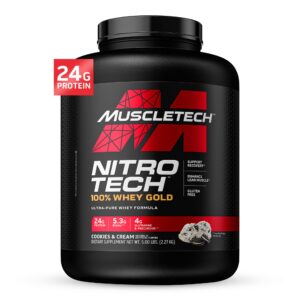 muscletech whey protein powder (cookies & cream, 5lb) - nitro-tech whey protein isolate smoothie mix for lean muscle & fast recovery - 24g of whey gold protein for women & men - gluten-free