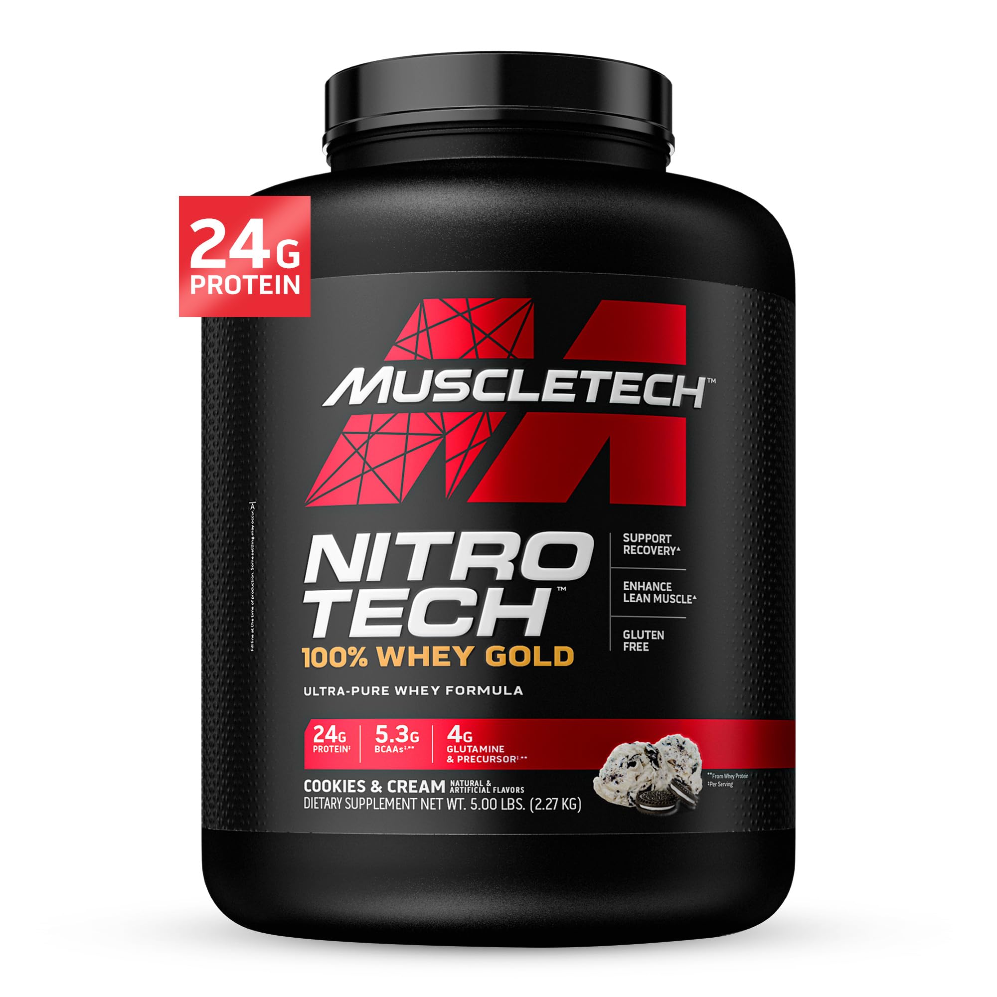 Muscletech Whey Protein Powder (Cookies & Cream, 5LB) - Nitro-Tech Whey Protein Isolate Smoothie Mix for Lean Muscle & Fast Recovery - 24g of Whey Gold Protein for Women & Men - Gluten-Free